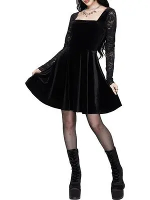 DISTURBIA Square Neck Lace Sleeve Fit And Flare Mini Dress - Black