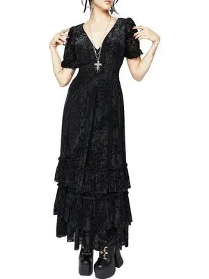 DISTURBIA Lilias Devoré Tiered Maxi Dress - Black