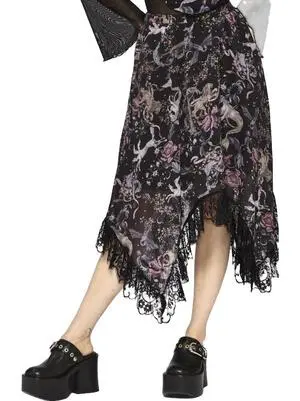 DISTURBIA Enchanted Forest Print Midi Skirt With Lace Trim - Black