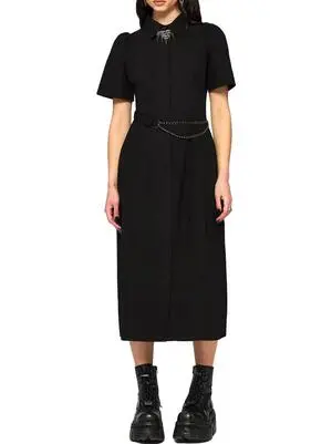 DISTURBIA Chain Belted Collared Midaxi Dress - Black
