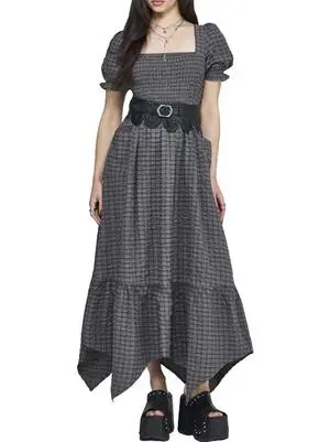 DISTURBIA Nimira Checked Handkerchief Hem Midi Dress - Grey
