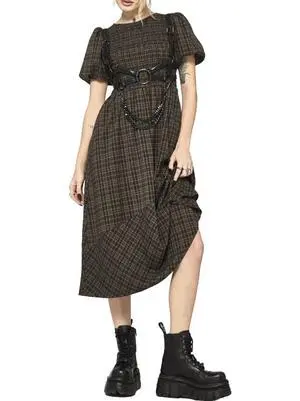 DISTURBIA Rhiannon Check Shirred Bodice Midi Dress - Brown
