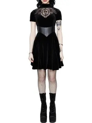 DISTURBIA Cameo High Neck Flocked Mini Dress - Black