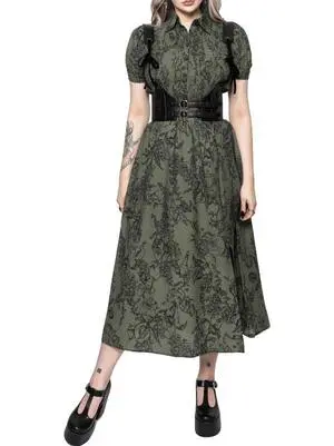 DISTURBIA Orla Foxglove Print Shirred Midaxi Dress - Green