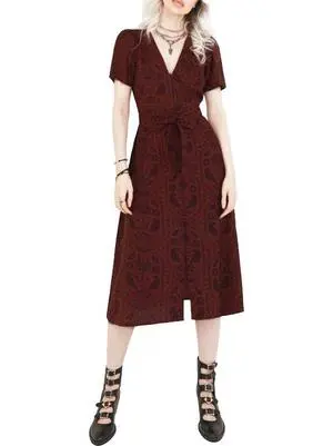 DISTURBIA Annabel Raven Print Button-up Midi Dress - Red