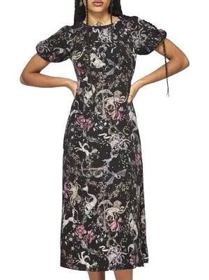 DISTURBIA Enchanted Forest Print Midi Dress With Puff Sleeves - Black