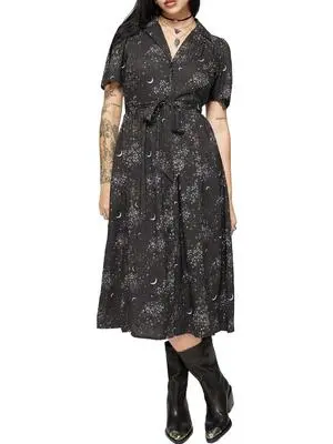 DISTURBIA Peaseblossom Celestial Print Shirt Dress - Black