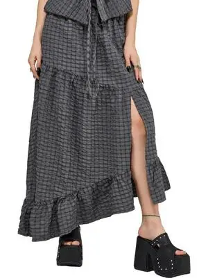 DISTURBIA Nimira Check Asymmetrical Maxi Skirt - Grey