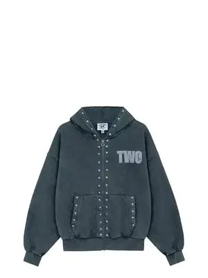 TWOJEYS Studded Zip-up Hoodie With Star Print - Grey