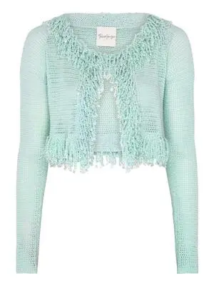 PARIS GEORGIA Paris Georgia Blue Fringe Trim Fishnet Knit Cardigan