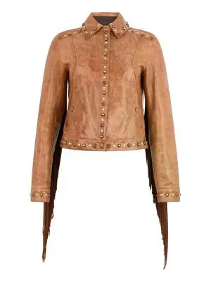 Roberto Cavalli Stud-embellished Fringed Leather Jacket - Brown