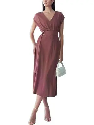 ST MRLO V-neck Sleeveless Belted Midi Dress - Brown