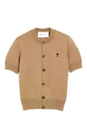 AMI Paris Wool Short-sleeve Cardigan With De Coeur - Neutrals