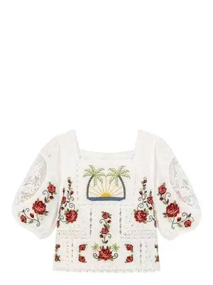 Farm Rio Floral-embroidered Broderie-anglaise Blouse - Neutrals