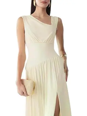 BWLDR Pleated Asymmetrical Neck Maxi Dress - Neutrals