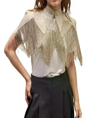 TWP Embellished Beaded Cape With Fringe Detail - Neutrals