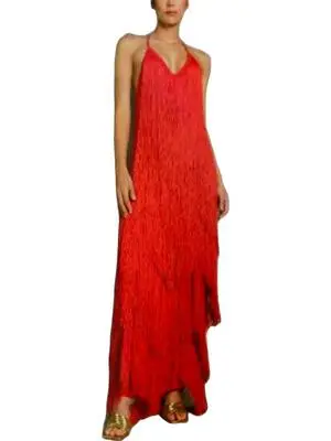 BLESS Fringe-trimmed Tiered Maxi Dress - Red