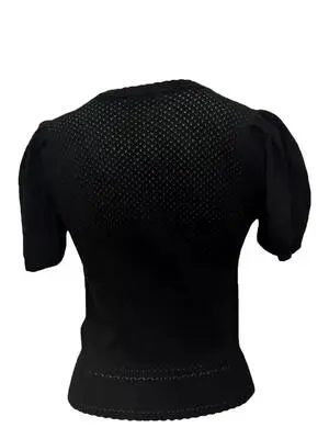 DÔEN Wool Pointelle Knit Puff Sleeve Cardigan - Black