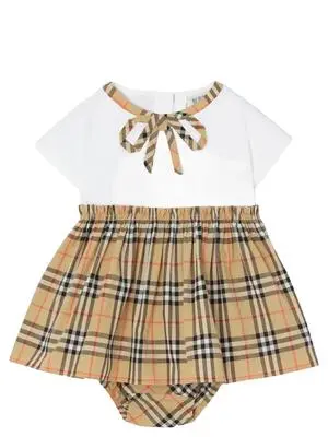 Burberry Cotton Dress And Bloomer Shorts With Check Bow - White