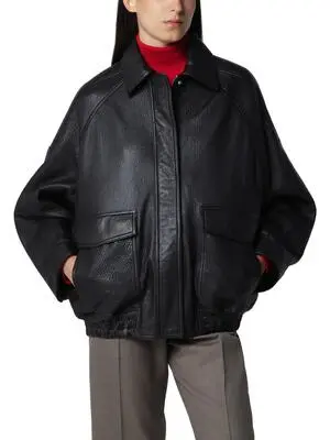 RÓHE Grained Leather Bomber Jacket - Black