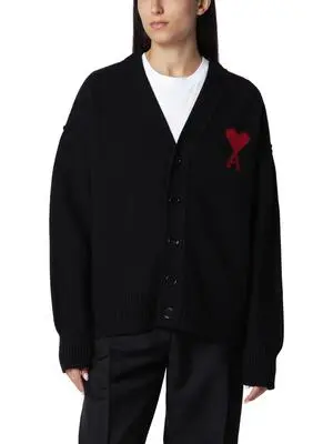 AMI Paris Merino Wool De Coeur Cardigan - Black