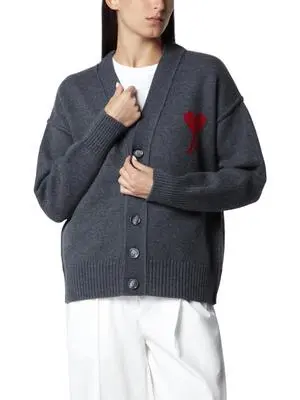AMI Paris De Coeur Merino Wool Cardigan - Grey