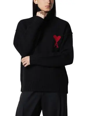 AMI Paris Merino Wool Turtleneck With De Coeur Intarsia - Black