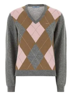 Prada Grey Cashmere Argyle V-neck Sweater - Gray