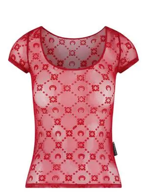 MARINE SERRE Crescent Moon Print Mesh T-shirt - Red