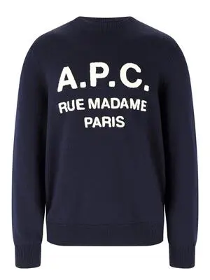 A.p.c. 100% Virgin Wool Crewneck Sweater With " Rue Madame Paris" Graphic - Blue