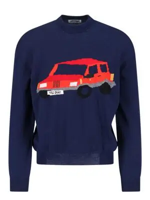 MAGLIANO 100% Wool Crewneck Sweater With Car Motif - Blue