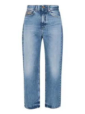 Versace Cotton Denim Jeans With Calf Leather Trim - Blue
