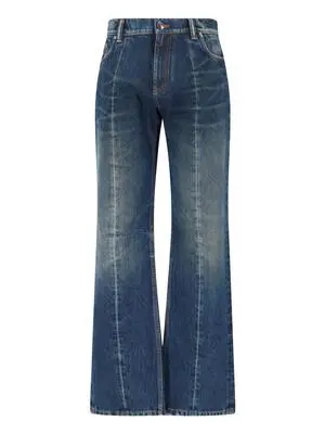 Versace 100% Cotton Jeans With Calf Leather Trim - Blue