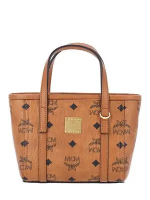 Mcm Monogrammed Leather Trimmed Tote Bag - Brown
