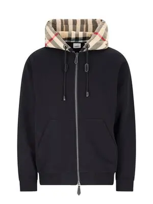 Burberry Cotton Check Pattern Drawstring Hooded Sweater With Front Zip Fw25 - Black