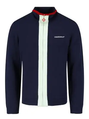 Casablanca 100% Wool Zip-up Sweater With Ribbed Details - Blue
