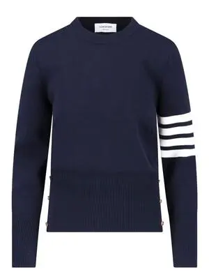 Thom Browne 100% Cotton Crew Neck Sweater With Signature Stripes - Blue
