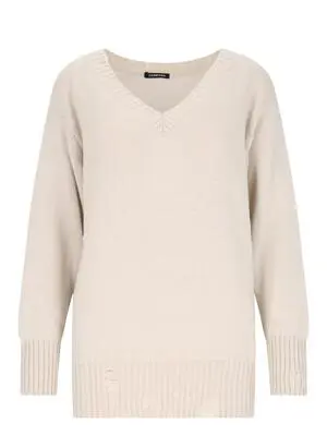 CANESSA Distressed V-neck Knit Pullover - White