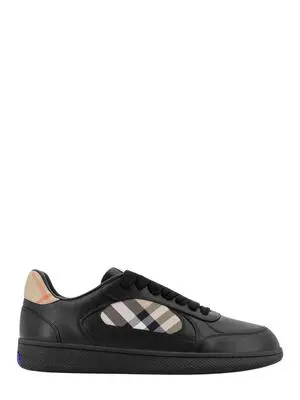 Burberry Leather Lace Up Sneakers With Checked Detail - Black
