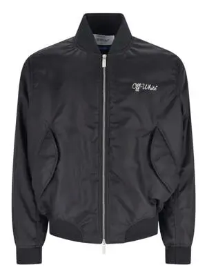 Off-White Bomber Jacket With Zip-front Closure And Ribbed Details - Black
