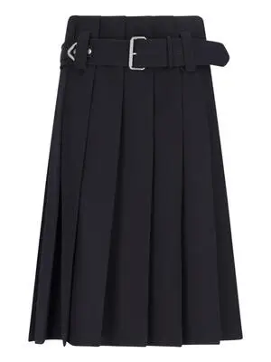 Prada Belted Pleated Wool Skirt With Brass Buckle Detail - Blue