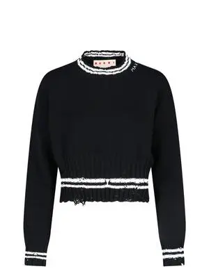 Marni Cropped Knit Sweater With Distressed Hem - Black