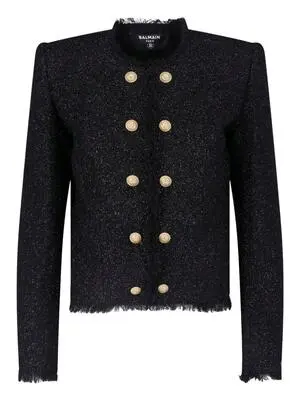 Balmain Cropped Tweed-style Jacket With Gold-tone Buttons And Fringe Trim - Black