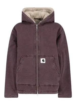 Carhartt Work In Progress Zip Up Hooded Cotton Jacket With Sherpa Lining - Red