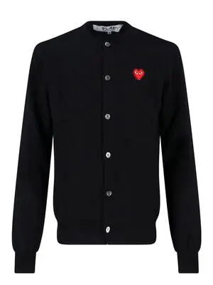 Play Comme Des Garcon 100% Wool Cardigan With Heart Appliqu - Black