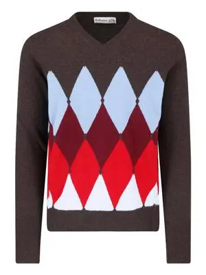 BALLANTYNE Argyle Patterned Fine Knit Crew Neck Pullover Sweater - Brown