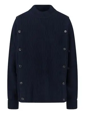 SETCHU Ribbed Turtleneck Sweater With Side Button Detail - Blue
