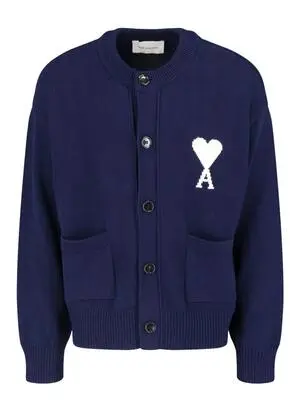 AMI Paris Wool-cotton Blend Cardigan With Heart Logo - Blue