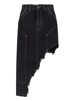 Vaquera Asymmetrical Raw Edge Hem Denim Skirt - Black