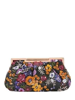 Badgley Mischka Floral Sequin Beaded Pouch Clutch - Black Multi